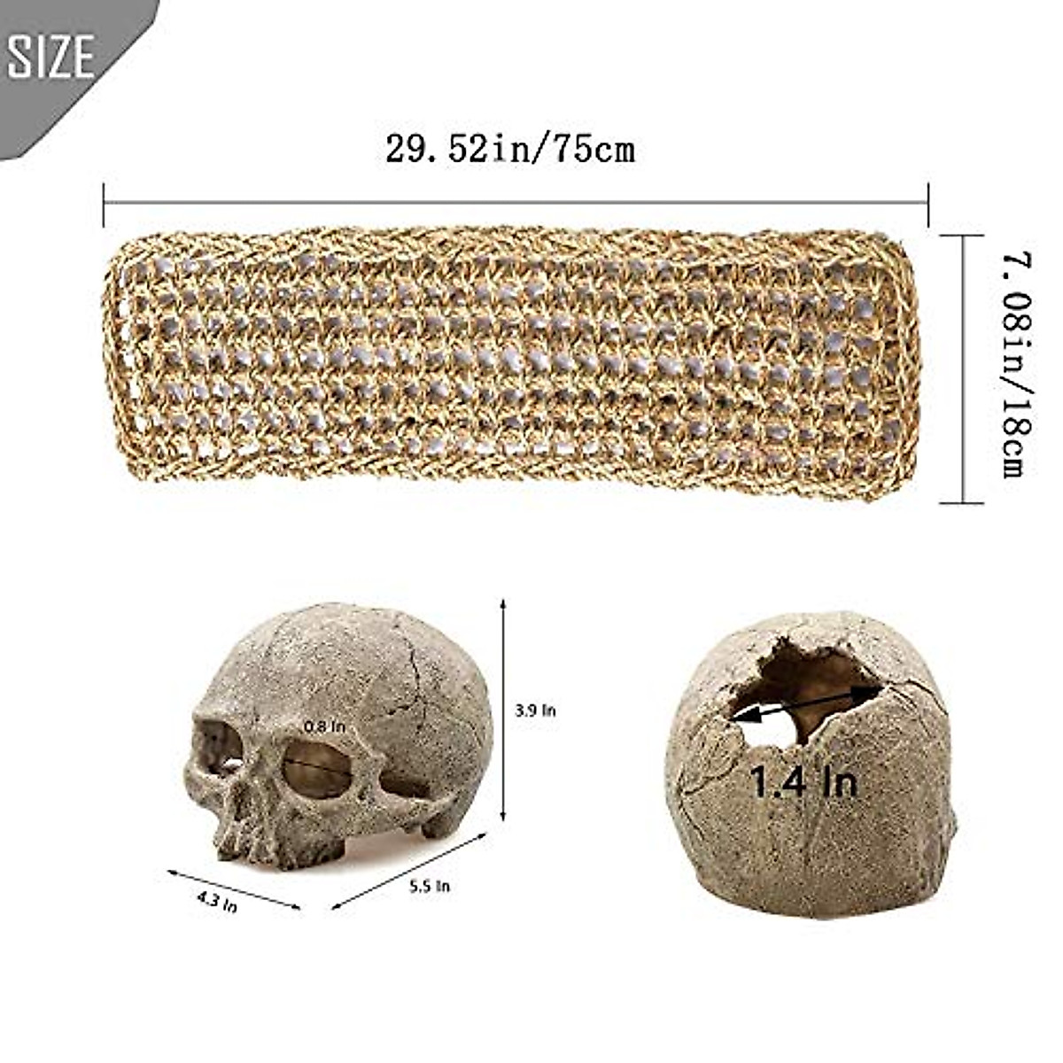 PINVNBY Bearded Dragon Tank Accessories,Reptiles Resin Human Skull Habitat Decor,Lizard Hammock Coconut Shell Hut Hideouts Cave Jungle Climber Vines Leaves Decorations for Chameleon Snake Spider Gecko