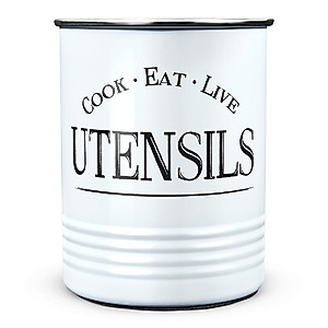 Walford Home Original Kitchen Utensil Holder Crock, White With Premium Padded Base - Vintage Farmhouse Home Kitchen Decor - Large Kitchen Tool Utensil Storage Caddy Organizer