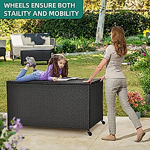 YITAHOME 120 Gallon Large Deck Box with Wheels, Woven Rattan Wicker Outdoor Storage Box, Waterproof Storage Container, Outdoor Cushions Storage-Pool Storage Bin - Brown