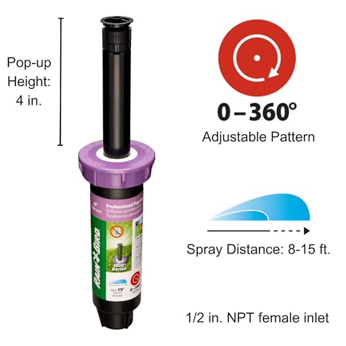 Rain Bird 1804APNP Professional Non-Potable Water Pop-Up Sprinkler, Adjustable 0° - 360° Pattern, 8' - 15' Spray Distance, 4" Pop-up Height, Purple Cap