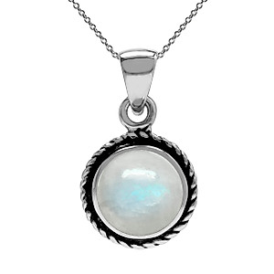 Silvershake Natural Moonstone 925 Sterling Silver Rope Solitaire Pendant with 18 Inch Chain Necklace