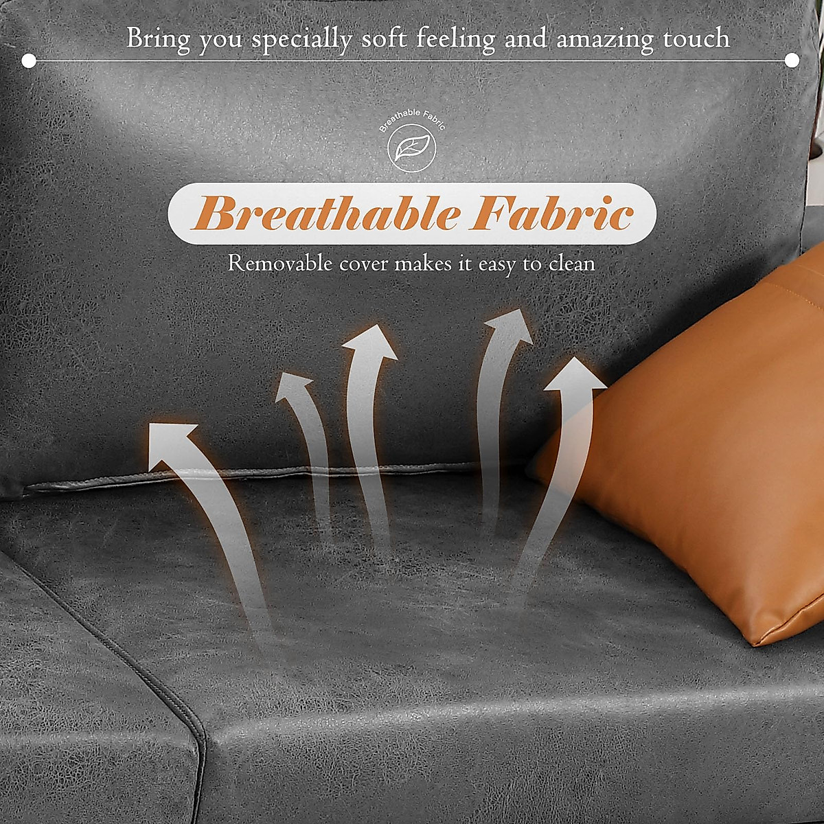 Esright Leather Sofa Couch, Faux Leather Couch 79" Wide, Mid Century Modern Couches for Living Room, Grey Leather Sofa Couch, Grey