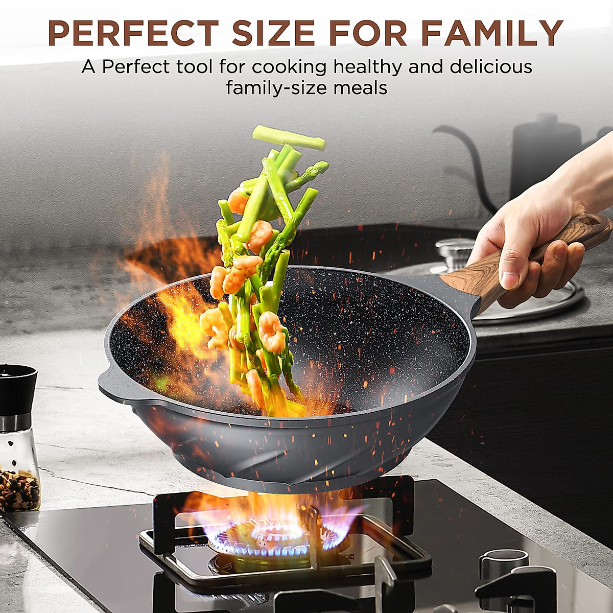 ITSMILLERS Nonstick Wok and Stir Fry Pan with Whirlwind Design 12.5 inch Die-cast Aluminum Scratch Resistant Healthy Wok with Free-standing Lid