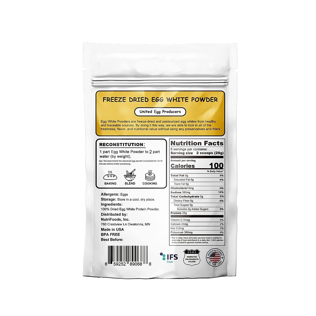 Orgnisulmte Egg White Protein Powder 8 Oz, Pasteurized Dried Egg Whites Protein, Gluten-Free, Non-GMO, Unflavored, Free Range High Whip for Baking, Desserts 227g