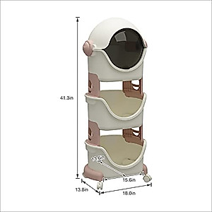 BanaSuper Kids Storage Cart with Wheels Spaceman Shape 3-Tier Rolling Bins for Toddler Dustproof Cover Children Toy Storage Organizer for Kids in Playroom Bedroom Nursery (Pink)