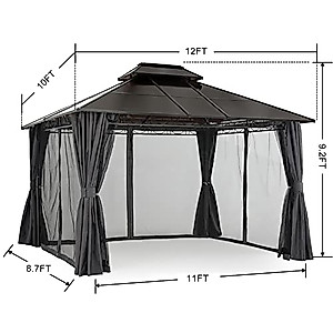 COOSHADE 10×12 Polycarbonate Roof Patio Gazebos Double Vent Waterproof Outdoor Gazebo with Curtains and Mosquito Netting (Dark Grey)