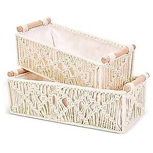 Macrame Storage Basket Boho Decor Baskets，Organizing Woven Decorative Basket，Handmade Countertop Toilet Tank Shelf Cabinet Organizer for Bathroom Decor Bedroom Nursery Livingroom Entryway（Set of 2）