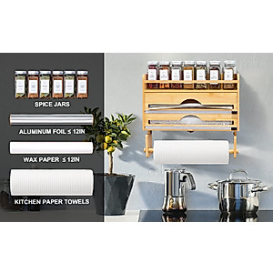 Foil and Plastic Wrap Organizer, Bamboo Aluminum Foil Dispenser with Paper Towel Holder, Compatible with Foil, Wax Paper, Kitchen Paper Towel and Spice Jars