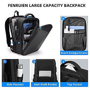 FENRUIEN Anti-Theft Hard Shell Backpack 15.6-Inch,Expandable Slim Business Travel Laptop Backpack for Men,Water-repellent Black Laptop Bag with USB Port
