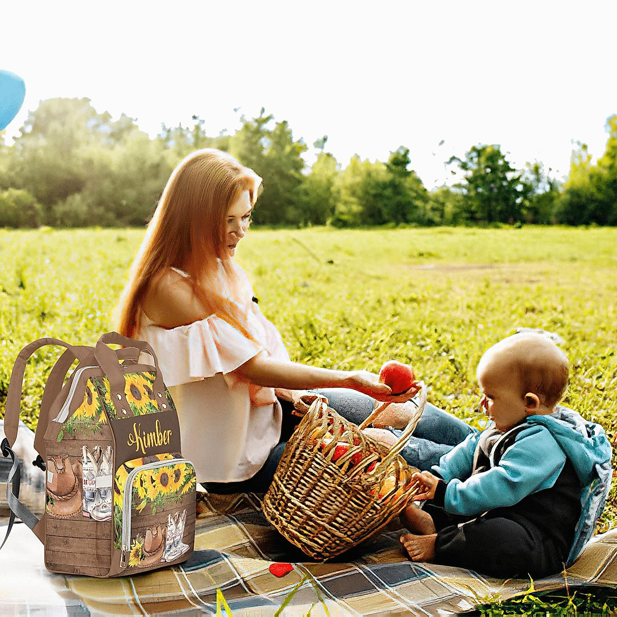 Sunflower Wood Cowboy Hat Boot Personalized Diaper Backpack with Name,Custom Travel DayPack for Nappy Mommy Nursing Baby Bag One Size