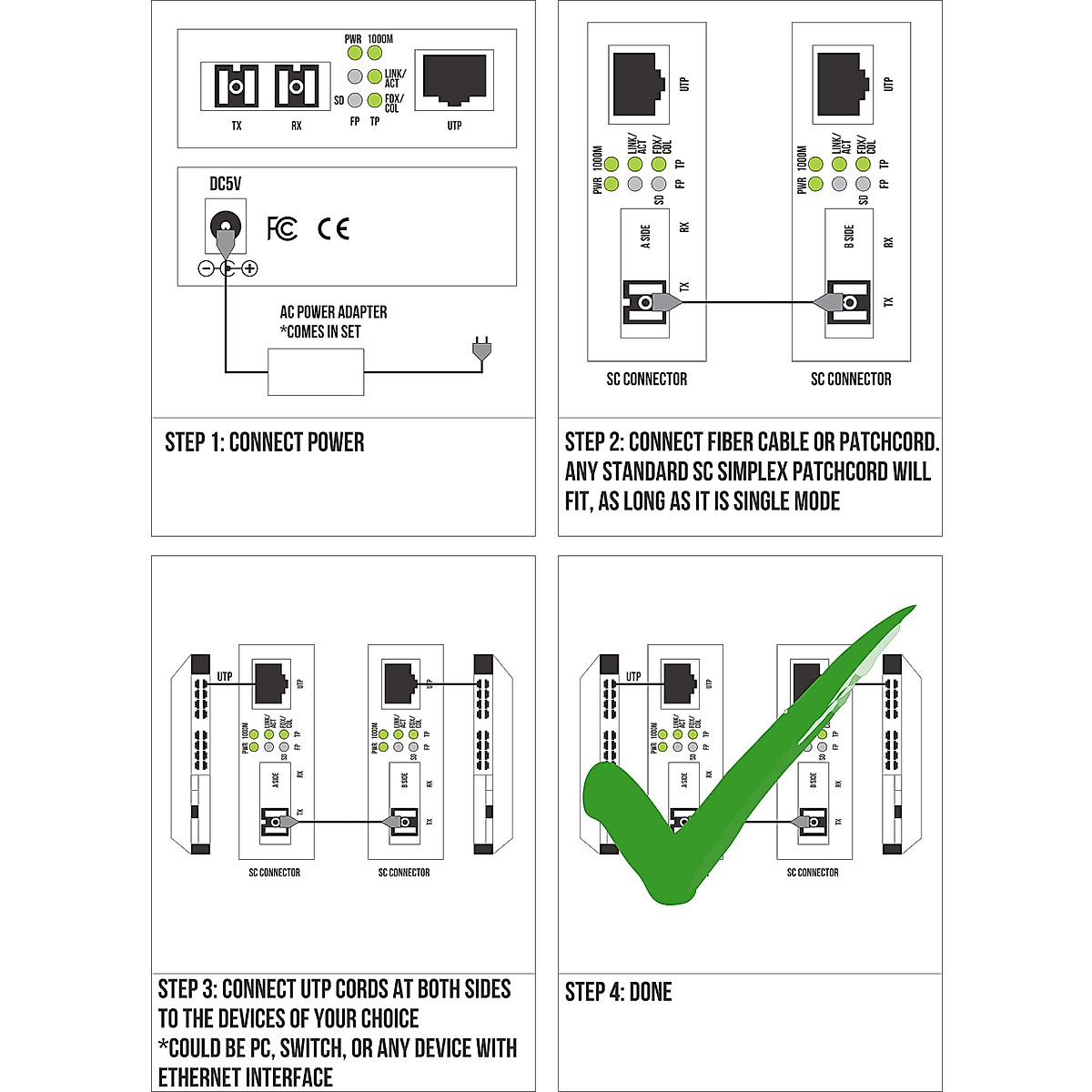 Single Mode SC WDM Single Fiber Bi-Di Gigabit Media Converter - Built-In Fiber Module 20km (12.42 miles) – to UTP Cat5e Cat6 10 100 1000 RJ-45 – Auto Sensing Gigabit or Fast Ethernet Speed -1 pair