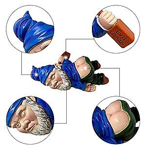 MINICAR Large 9.5'' Tall Funny Drunk Garden Gnome Outdoor Statue, Naughty Knome Figurine Lawn Ornament Dwarf Sculpture Yard Decor Landscape Porch Decoration Outside Novelty Gift(Blue)