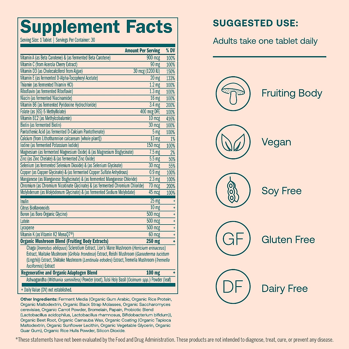 True Grace One Daily Women’s Multivitamin 40+ Fermented Minerals, Organic Adaptogens & Mushrooms Energy, Immune, Bone, Heart Support - Iron Free, Non-GMO, Gluten Free, Soy Free - 30 Vegan Tablets