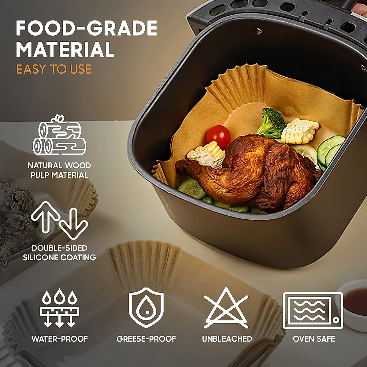 Air Fryer Disposable Paper Liner 125Pcs Square Parchment Paper Liners 8In Non-stick Unbleached Water & Oil Proof Airfryer liners for Microwave Oven baking & cooking