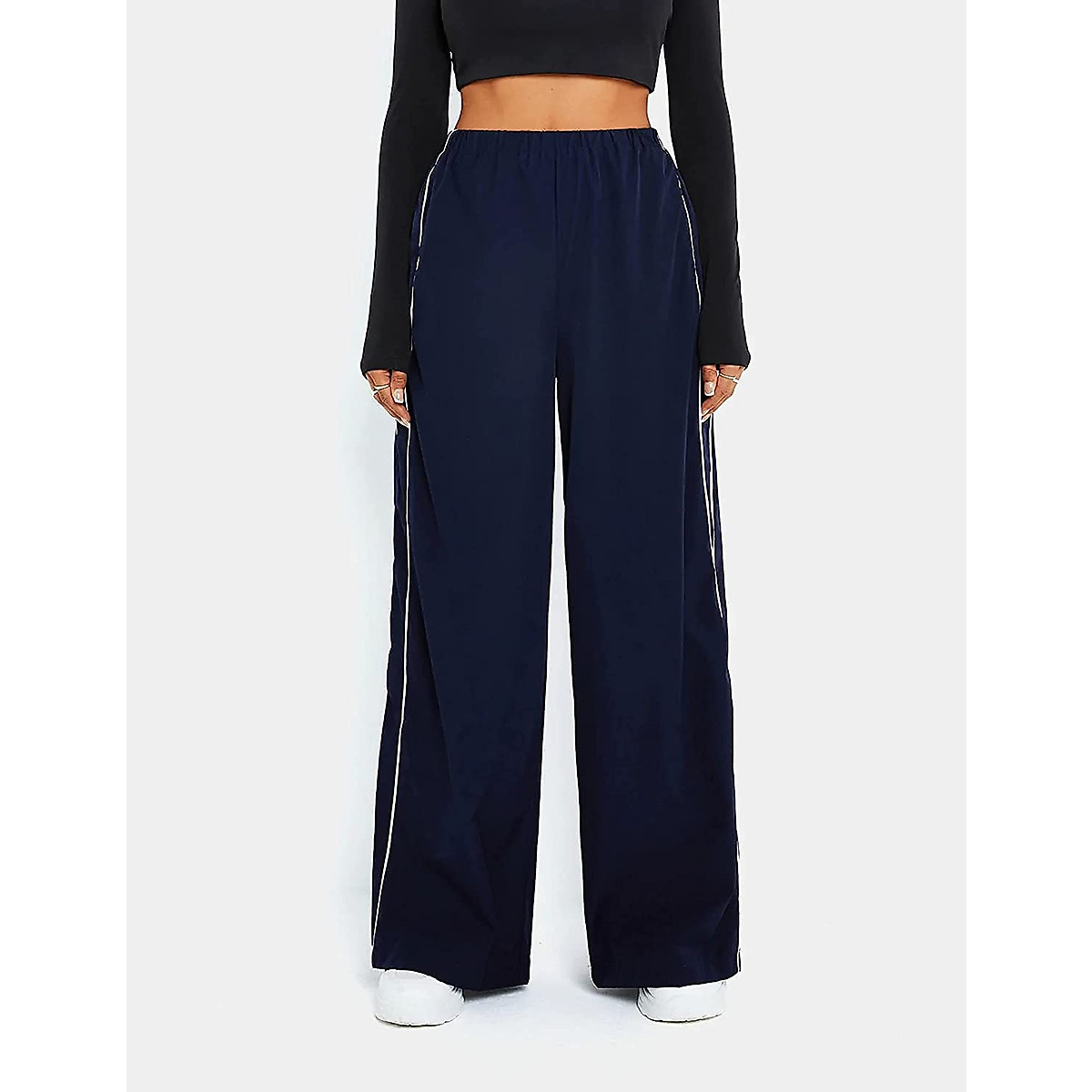 Women's Parachute Pants Cargo Trousers Elastic Waist Wide Leg Track Pants Y2k Clothing (S,Navy Blue)