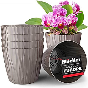 Mueller Austria Plant and Flower Pot 6/1 Set, Heavy Duty 6 Inch European Made Stylish Indoor/Outdoor Decorative Planter, for All House Plants, Flowers, Herbs, Mocha