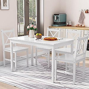 Alohappy Dining Table Set for 4, 5 Piece Kitchen Table Set with 4 Chairs Pine Wood Dining Table Rectangle Breakfast Table and Chairs for Small Space, Space-Saving & Easy Assembly (White)