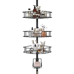 DAKEPOLE Tension Shower Caddy Stainless Steel, Rustproof Tension Pole Corner Shower Caddy Stand Storage Organizer for Bathroom Bathtub Shampoo Soap Plants, 4 Tier Adjustable Shelves, 54 to 125 Inch