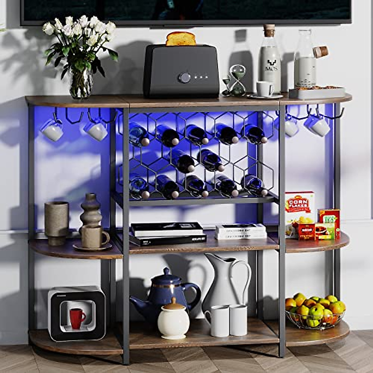 Logianis Wine Rack Table with Outlet and LED Light 47.3 Inch FreeStanding Wine Bar Rack Wooden Rustic Wine Storage with Wine Shelf and Glass Holder Wine Bar Cabinet Rustic Brown