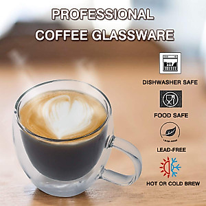 Kitchenexus Glass Espresso cups, Set of 2 6oz Double Wall Thermo Insulated Glass Espresso Shot Cups Set with Handle, Espresso Mug, Coffee Cups for Espresso and Cappuccino, Great Gift for Coffee Lover