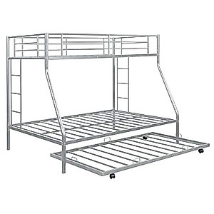 Metal Bunk Beds Twin Over Full Size with 2 Ladder and Trundle Bed for Kids Teens Adults, (Silver)