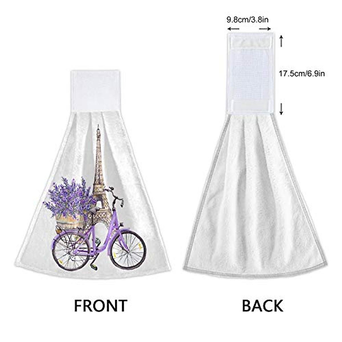 2 Pack Purple Lavender Eiffel Tower Hanging Kitchen Towels Romantic Spring Floral Bicycle Hand Towel with Loop Soft Microfiber Dish Towels Tie Towel for Bathroom Absorbent Washcloth
