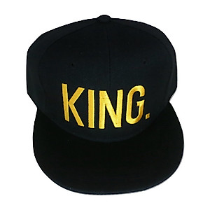 TrendyLuz King or Queen Royalty 3D Embroidered Adjustable Snapback Baseball Hat Cap (King, Gold Text)