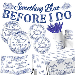 142PCS Something Blue Before I Do Bridal Shower Decorations Bridal Shower Party Favors for 20 Guests Blue Floral Plates and Napkins Tableware Set Blue Bridal Shower Decorations for Wedding Engagement