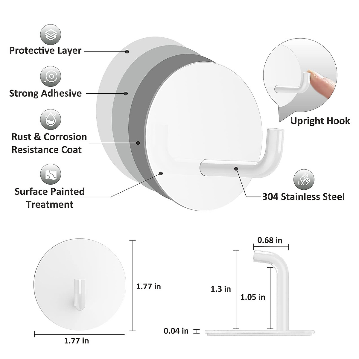 VIS'V Adhesive Hooks, White Round Self Adhesive Wall Hooks Small Stick on Hooks Waterproof Heavy Duty Stainless Steel Shower Sticky Towel Hooks for Bathroom Kitchen Livingroom Camper - 4 Pcs