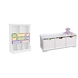 KidKraft Wooden Wall Storage Unit with 8 Plastic Bins and 13 Compartments - White, Gift for Ages 3+ & Nantucket Wooden Storage Bench with Three Bins and Wainscoting Detail - White, Gift for Ages 3+