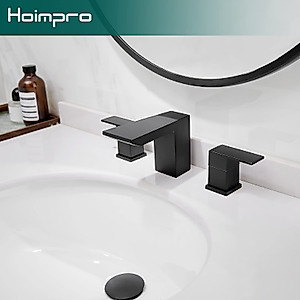 Hoimpro 3 Holes 8 Inch Widespread Bathroom Faucet, Waterfall Two Handles Bathroom Sink Faucet with Pop Up Drain, Bathroom Sink Faucet with cUPC Supply Hoses, Stainless Steel, Matte Black