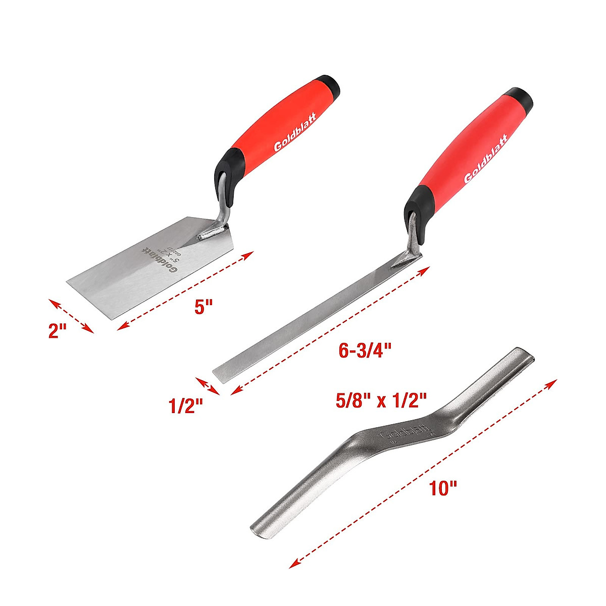 Goldblatt 6PC Masonry Hand Tool Set - 11" x 5-1/2" Philadelphia Brick Trowel, 2PC Pointing Trowel, 5" x 2" Margin Trowel, 1/2" Tuck Pointing Trowel, 5/8” x 1/2” Convex Brick Jointer
