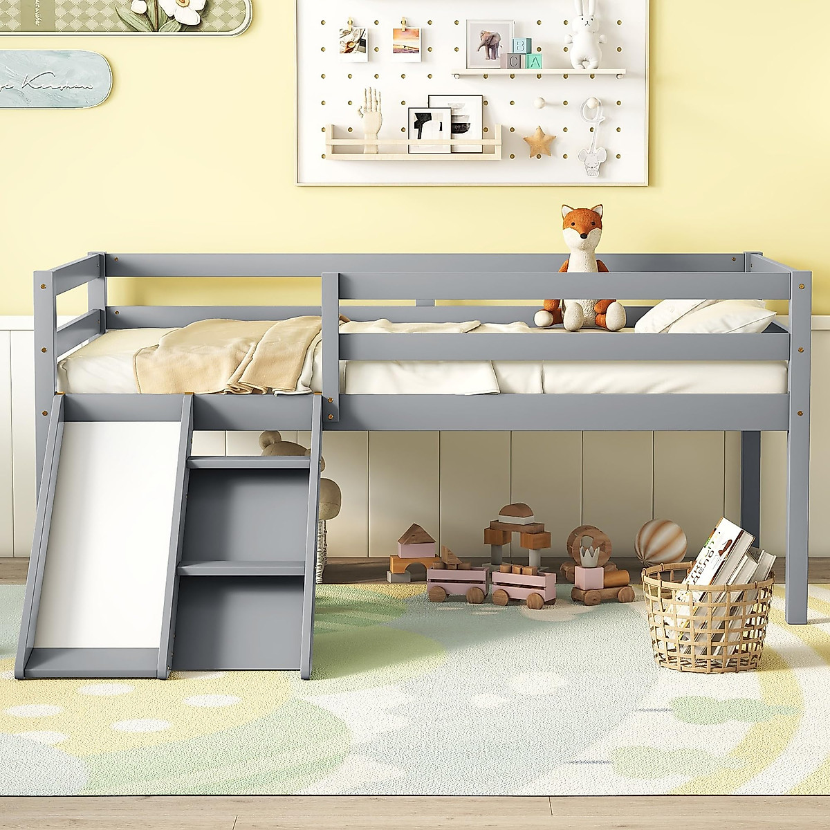 Low Loft Bed with Slide, Twin Size Kids Loft Bed Frame with Climbing Ladder and Safety Guard Rail, Wood Junior Loft Bed for Girls, Boys, Kids, Matte Gray.