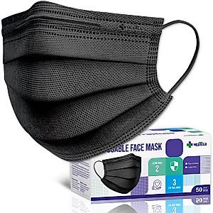 Medtecs Face Mask Disposable - 50/2000 PCS - Comfortable 3 Layer Breathable Mask, the Better Protection and Health Choice - CoverU Adult Mask - 50 PCS/Box - Black