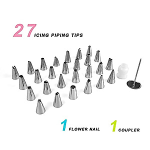 FIVETAS Cake Decorating Kit-27Numbered Icing Tips,50 Pastry Bags.6 Scrapers,1 Flower Nail,1 Piping Nozzles Coupler,1 Plastic Box and 1 Pattern Chart.