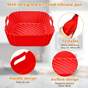 2 Pack Air Fryer Silicone Liners, 8 Inch Square Air Fryer Liners for 4 to 7 QT, Reusable Silicone Air Fryer Liners, Air Fryer Accessories, AirFryer Liners Silicone (Black & Red)