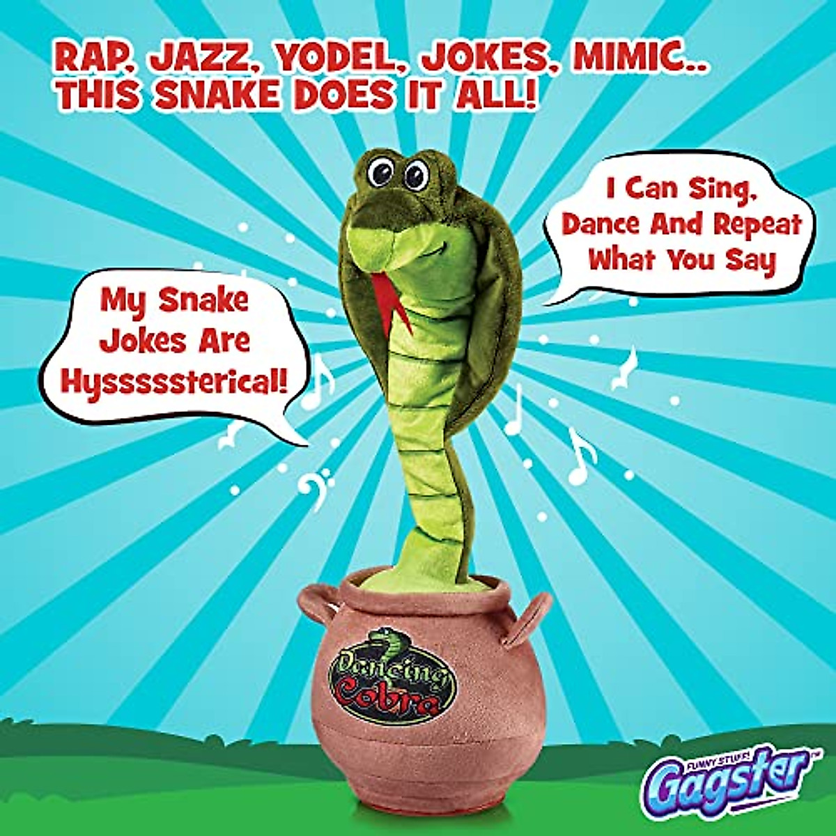 Gagster Dancing Cobra Snake - Sings, Repeats What You Say & Tells Jokes. Talking, Yodeling, Dancing, Mimicking - This Hysterically Funny Plush Novelty Mimic Toy is a Great Gag Gift for Adults & Kids