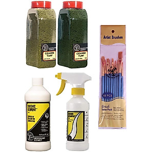 Make Your Day Bundle, Woodland Scenics Coarse Turf Shakers - Light Green and Medium Green with Scenic Cement, Scenic Sprayer, and MYD Paintbrushes