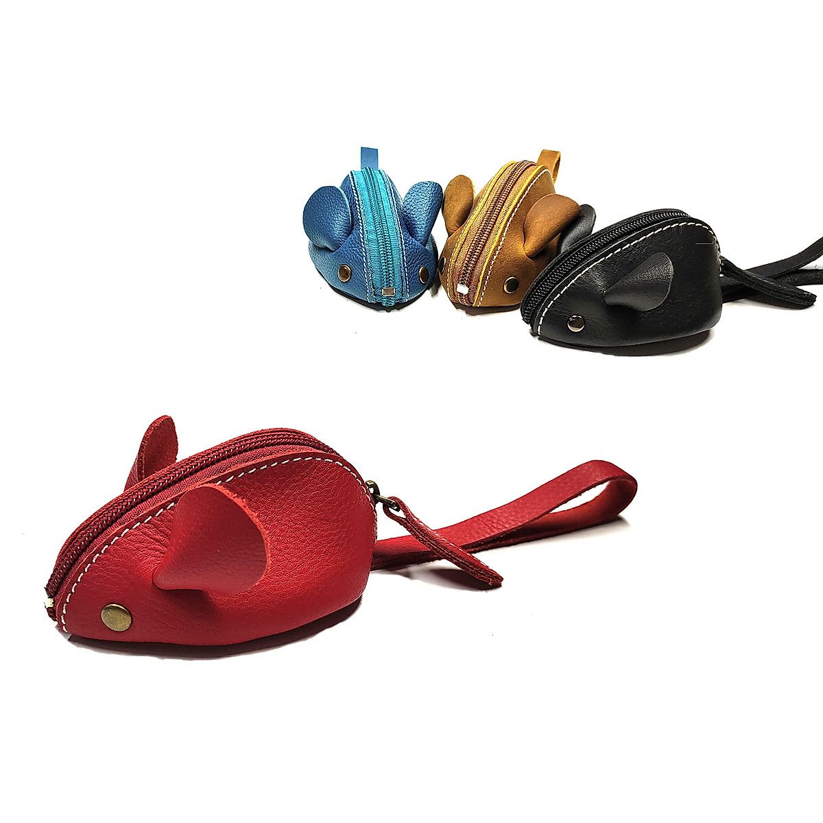 Genuine Leather Mouse Coin Purse Wallet, Womens Change Purse with Zipper, Cute Soft Leather Coin Pouch Mini Size - (Red)