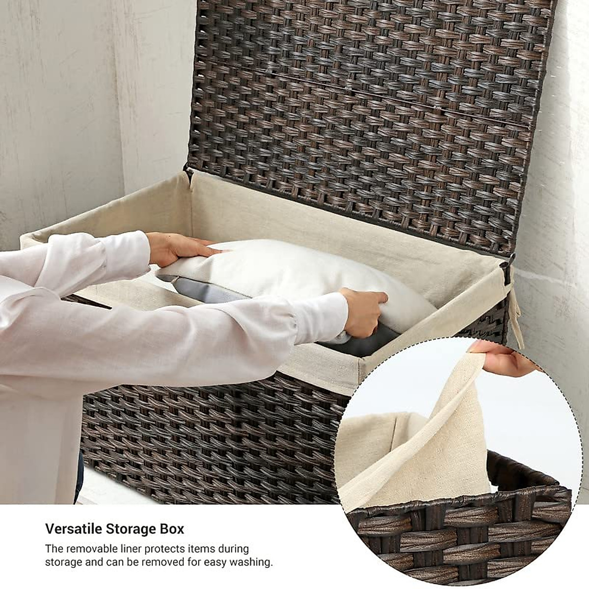 SONGMICS Storage Basket with Lid, Rattan-Style Storage Trunk with Cotton Liner and Handles, for Bedroom Closet Laundry Room, 29.9 x 17.1 x 18.1 Inches, Brown URST76BR