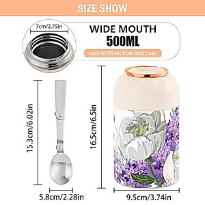 Lavender Peony Bouquet Kids Womens Food Insulated Jar with Spoon 17oz/500ml Containers With Lids Stainless Steel Vacuum Wide Mouth Storage Containers for Keep Food Hot