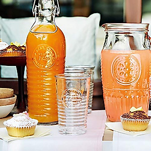 Bormioli Rocco Officina Water Glasses – Set Of 4 Clear Drinking Tumblers With Textured Ring Design & Vintage Stamp Logo – 11oz High Capacity Tall Cups For Soda, Juice, Milk, Coke, Beer, Spirits