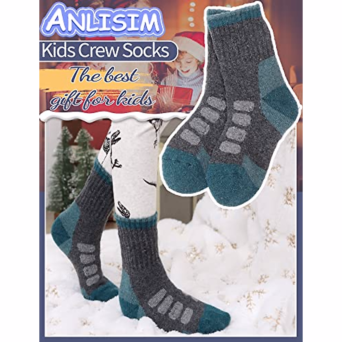 Anlisim Kids Merino Wool Hiking Socks Boys Girls Toddlers Thermal Winter Warm Boot Thick Cushion Snow Ski Gift Stocking Stuffer Socks 6 Pairs (Check, 12-15 Y)