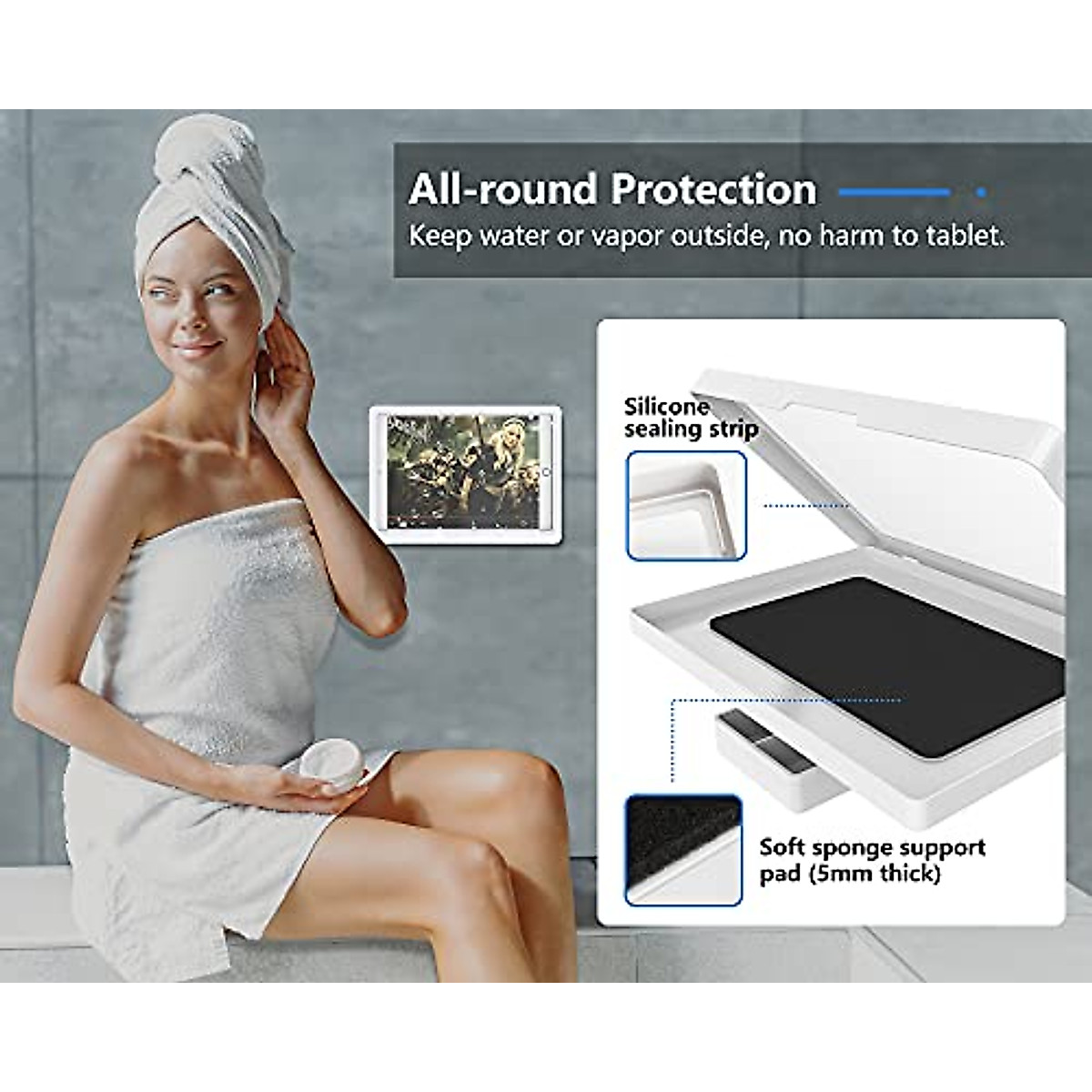 MoKo Wall Mount Shower Tablet Holder, 360 Rotation Waterproof Tablet Holder Bathroom Tablet Case Mount Shelf with Touchable Anti-Fog Screen for Tablets Up to 10.2", Fit with iPad 9 iPad Mini 6, White