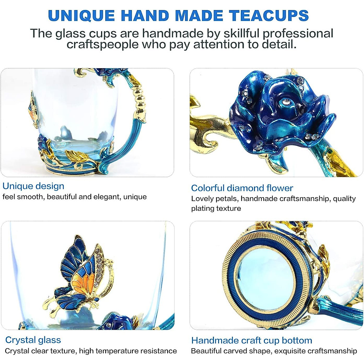 DasyFly Birthday Gifts For Women,Butterfly Flower Glass Tea Cup Sky Blue Rose Coffee Mug For Women Mom Wife Sister Coworker Female Friend on Anniversary Valentines Mothers day Christmas Presents