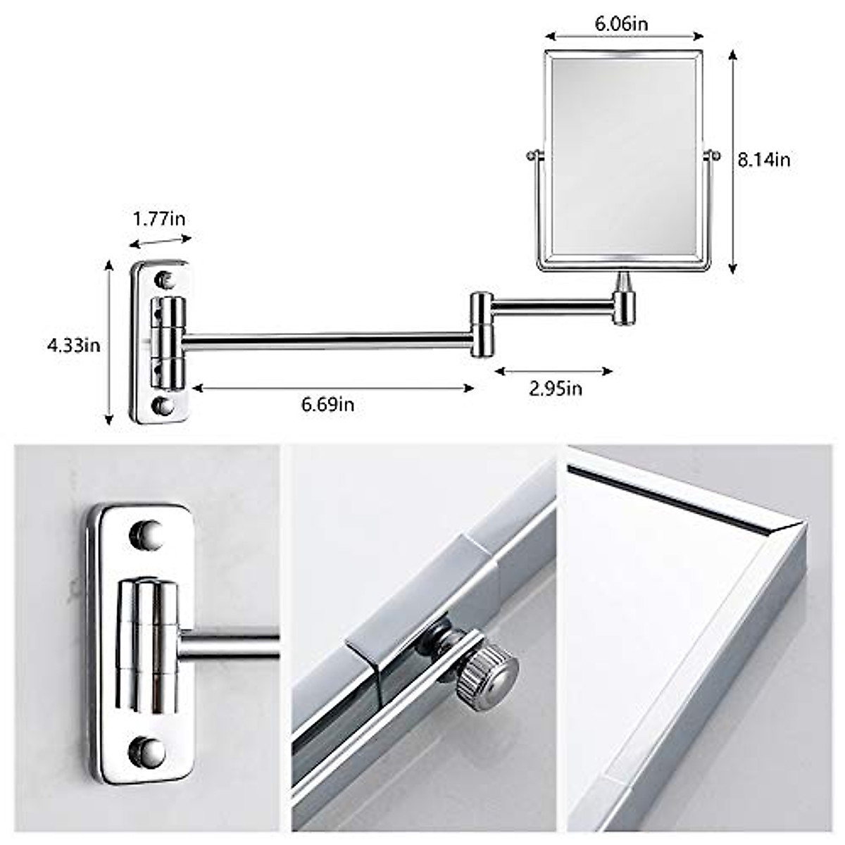 QiMH 3X Magnifying Wall Mounted Vanity Makeup Mirror | Rectangular 8x6 Inch with Extendable Arm | Polished Chrome Finish Double-Sided Swivel Mirror