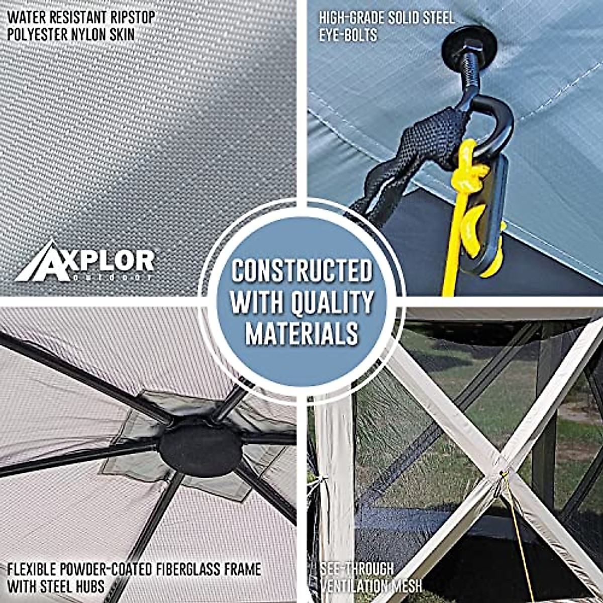 AxplorOutdoor RV Camping Gazebo Screen-Tent with Floor and Wind-Panels | 12ft x 12ft Portable Pop-Up Canopy Screen Room with Tarp Floor and Zippered-Side Panels | Pop-Up Screen Gazebo (Grey/Silver)