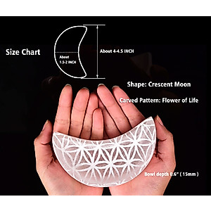 AMOYSTONE Selenite Charging Bowl 4” Crescent Moon Stone Bowl Engraving Pattern Flower of Life, for Jewelry, Home Decoration