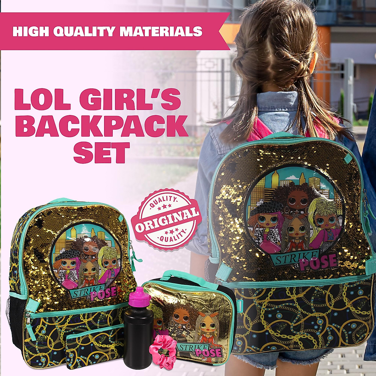 LOL Dolls 5 Piece Backpack Set for Girls, Brush Glitter Sequin School Bag with Front Panel and Mesh Pockets, Insulated Lunch Box, Water Bottle, Pencil Case and Hair Scrunchie, Black and Gold