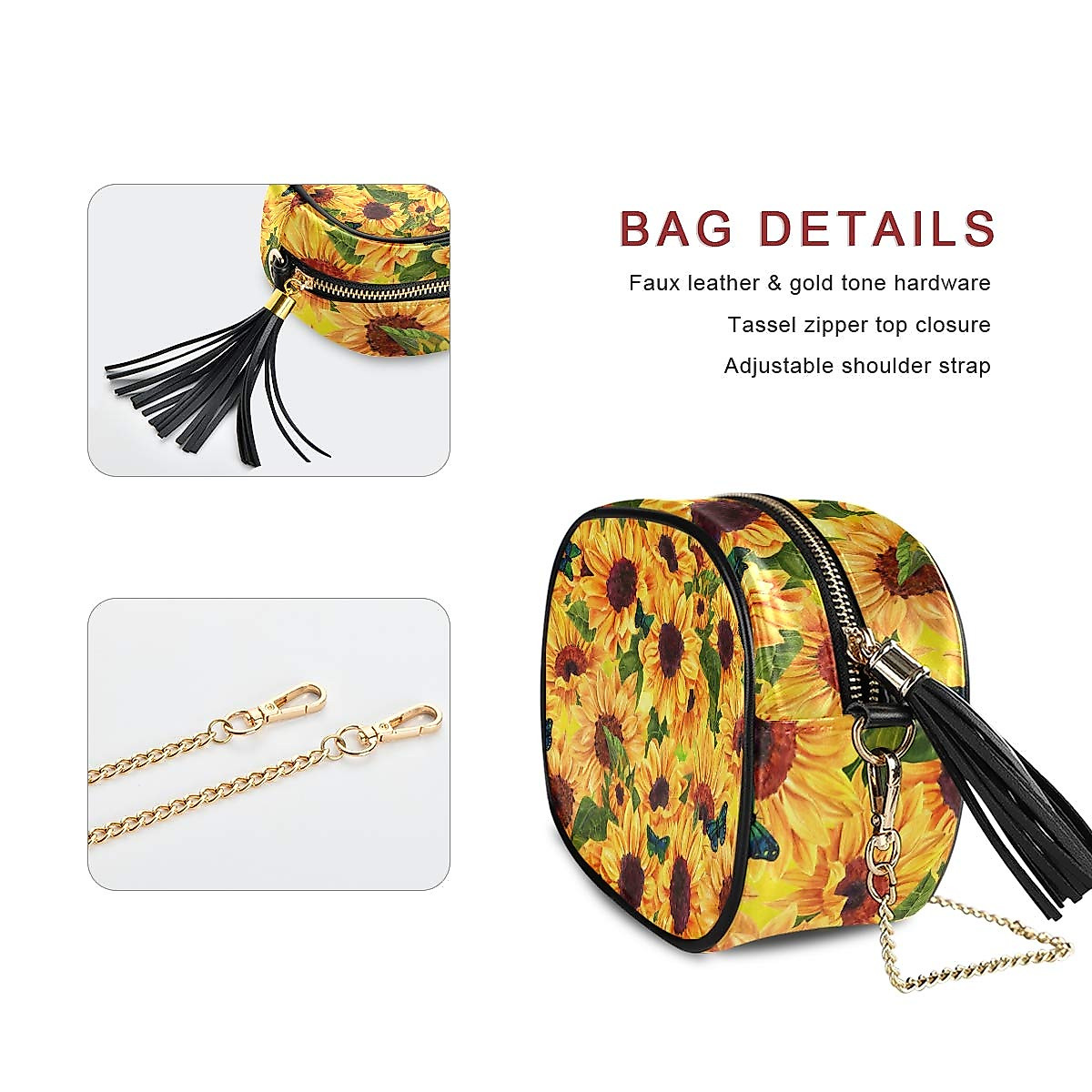 ALAZA Women's Vintage Sunflower with Butterfly Cross Body Bag Chain Shoulder Handbag Purse with Tassel